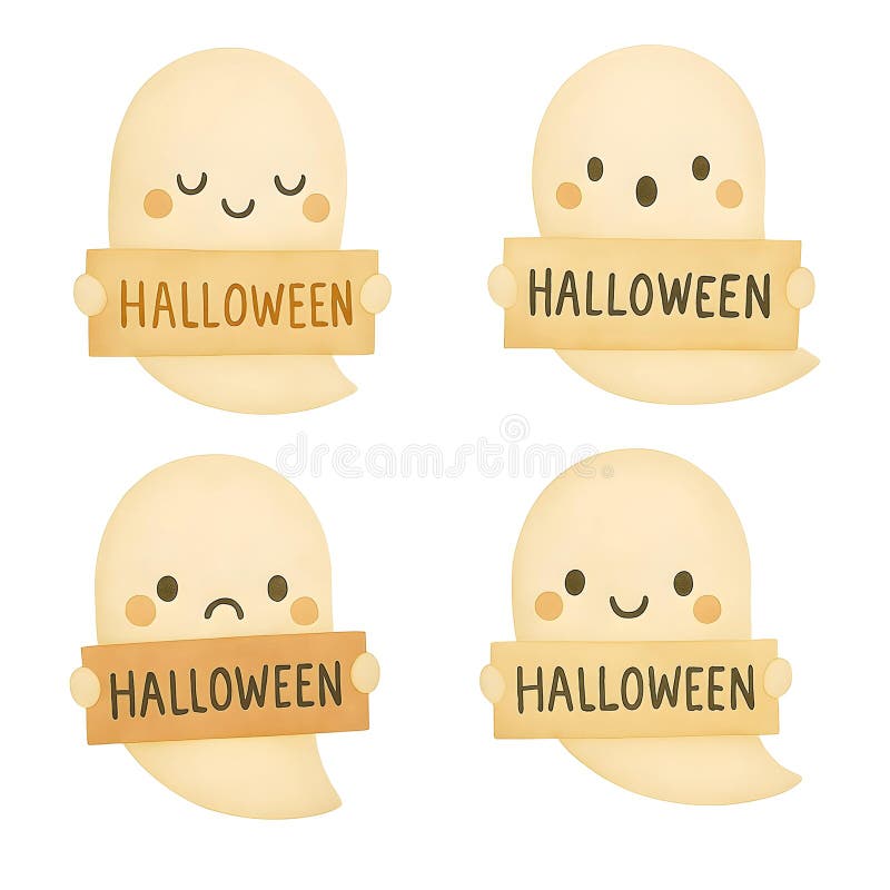 Halloween Ghosts Set – 4 Cute Ghosts Holding Halloween Signs ...