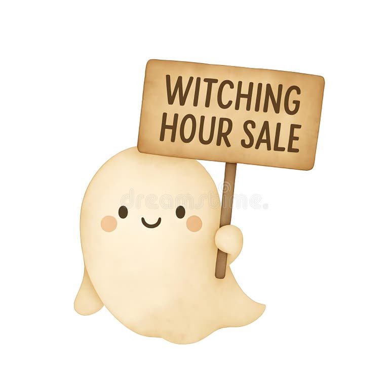 Cute Ghost Holding "Witching Hour Sale" Sign – Watercolor Halloween ...