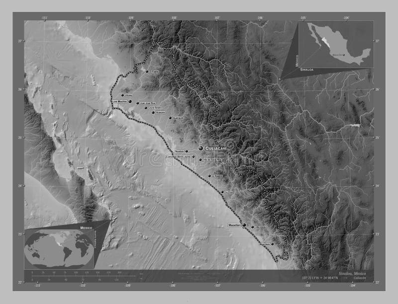 Sinaloa, Mexico. Grayscale. Labelled Points of Cities Stock ...