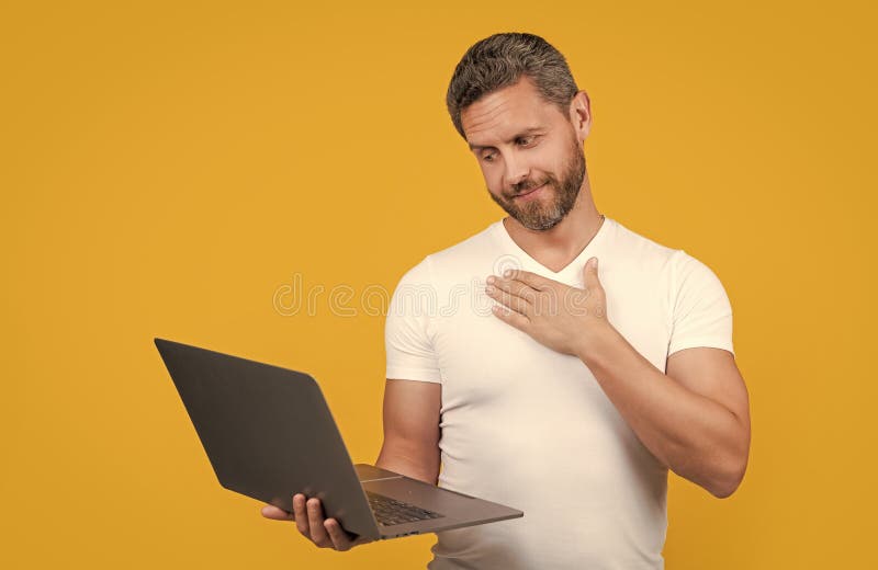 Sincerely Man Programmer Studio Laptop Isolated Yellow Background Stock ...