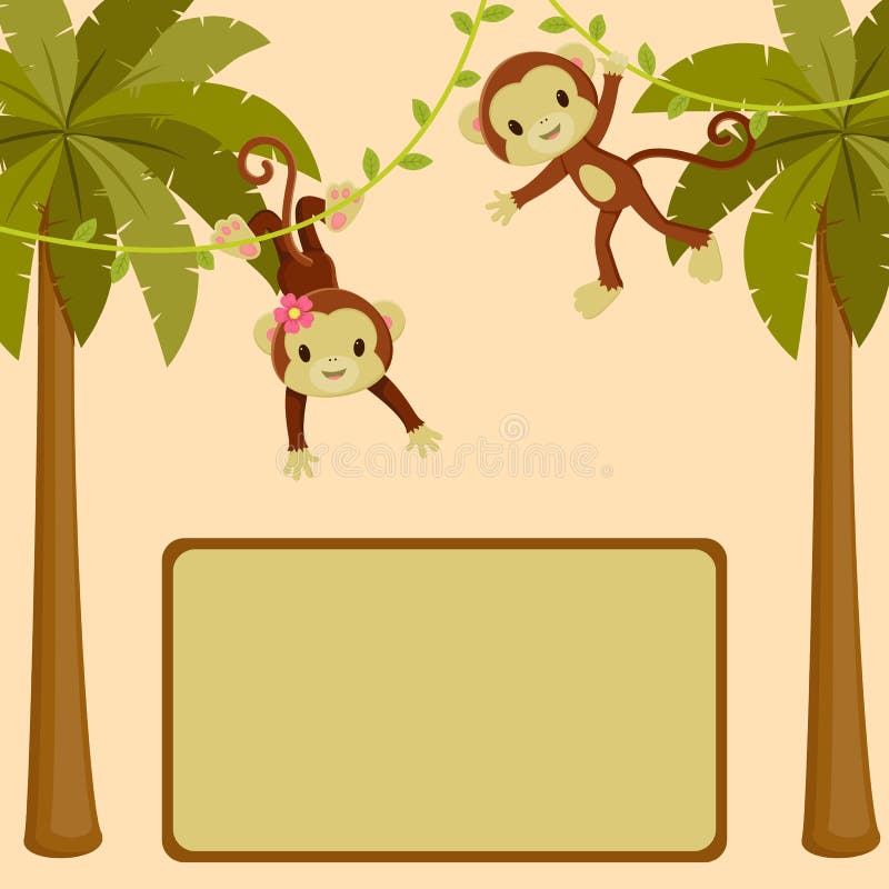 Sing Board with Two Cute Monkeys Stock Vector - Illustration of tree ...