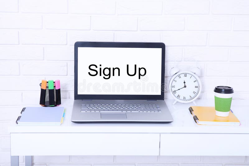 Sing Up Text on Monitor. Workplace with Computer, Cup of Coffee and ...