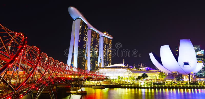 Singapore Atom Bridge with Marina Bay Sand and Shoppes Stock Image ...