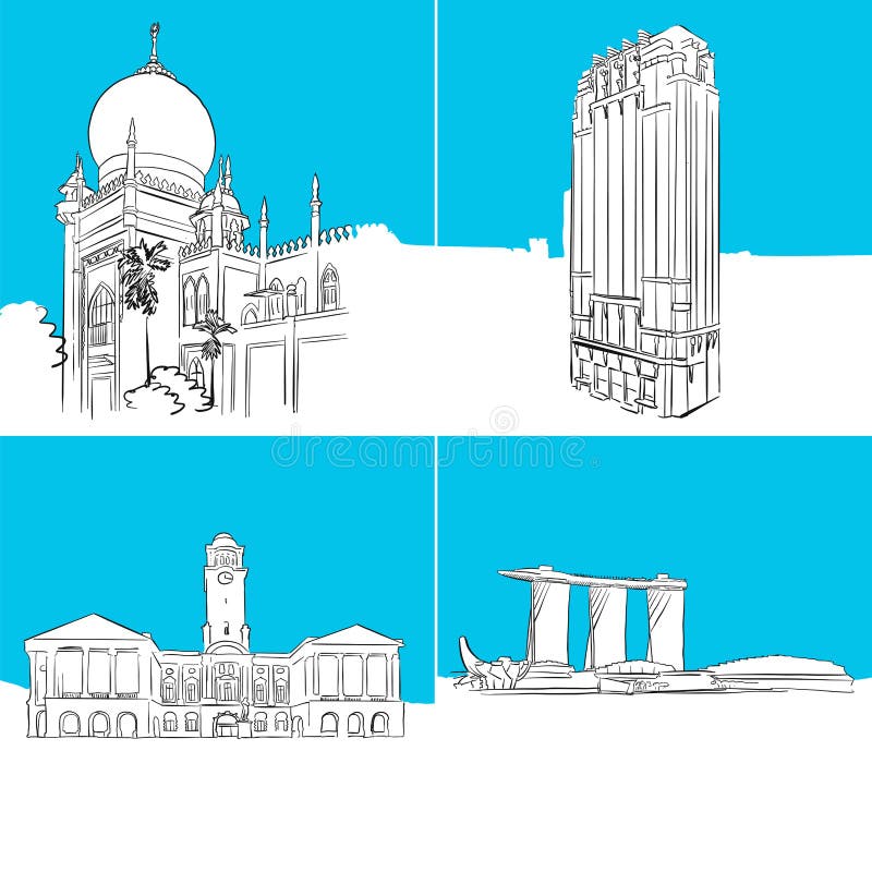 Singapore Famous Buildings Vector Sketches Stock Vector - Illustration ...