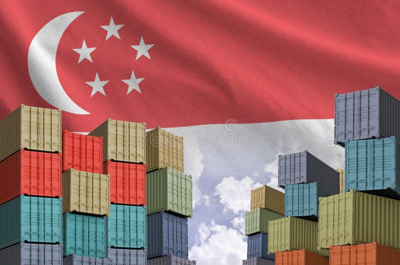 Singapore Flag and Big Stack of Shipping Cargo Containers in Docks with ...