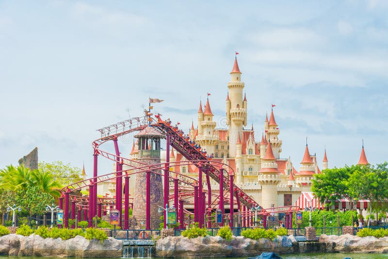 SINGAPORE-July 20 2015: Beautiful Castle and Roller Coaster in U ...