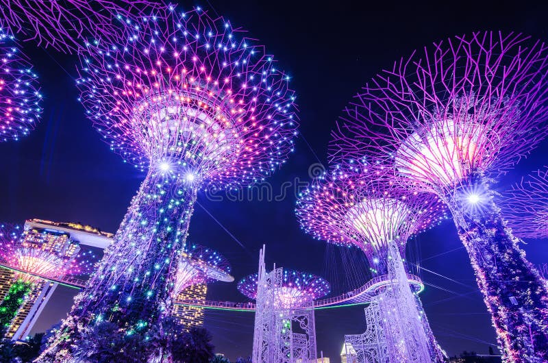 SINGAPORE - NOVEMBER 25, 2018: Night View of Supertrees at Gardens by ...