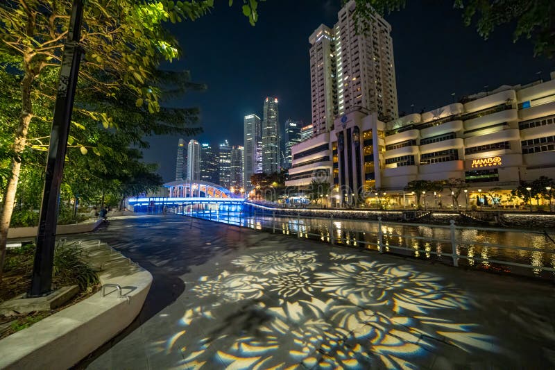Singapore - September 13, 2023: River Walk and Buildings at Night Stock Image - Image of tower ...