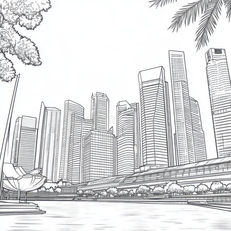 Singapore Skyline Sketch Modern City Architecture Drawing Stock ...