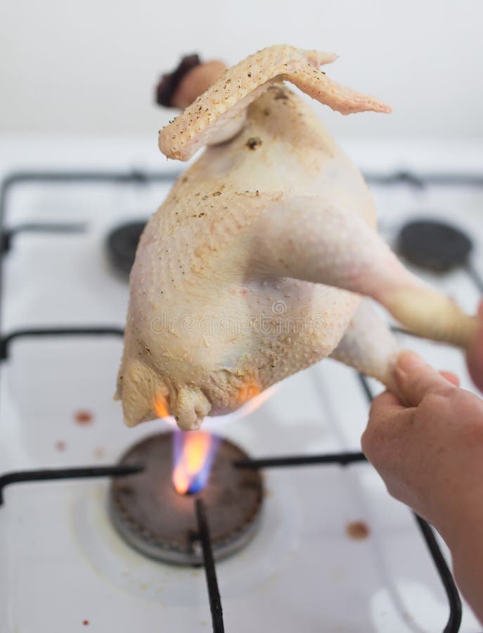 Singeing chicken on fire stock photo. Image of danger - 89482868