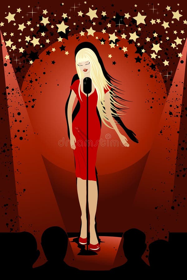 Vintage Poster with Retro Woman Singer. Red Dress on Woman. Retro ...