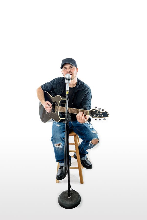 Singer Acoustic Guitarist on White with Hat Stock Image - Image of ...