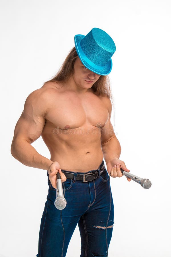 Singer Bodybuilder Shirtless with Long Hair in a Blue Hat with a ...