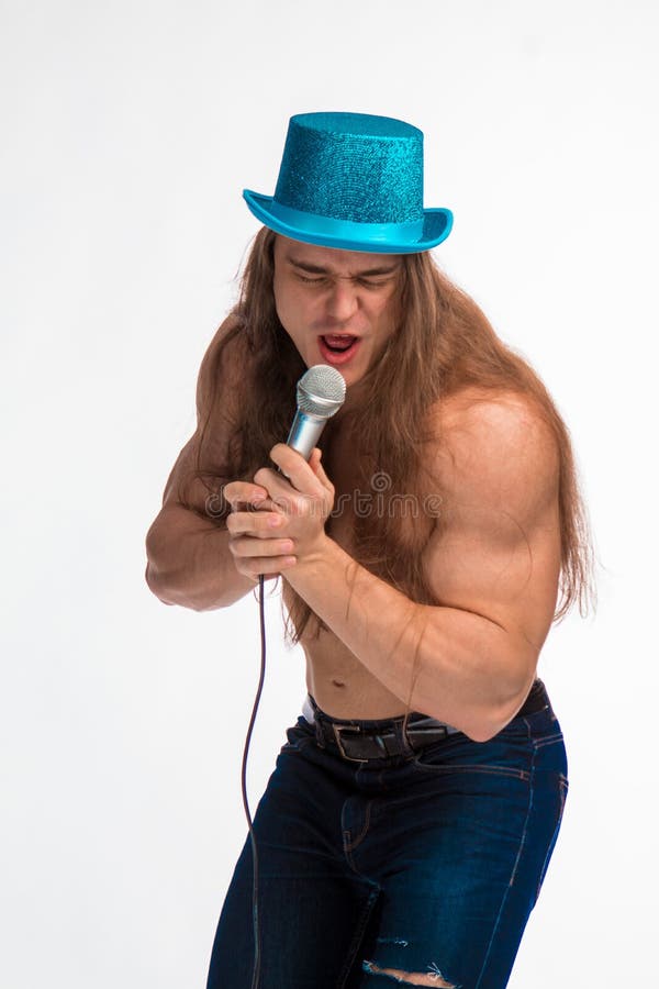 Singer Bodybuilder Shirtless Long Hair Blue Hat Microphone Stock Photos ...