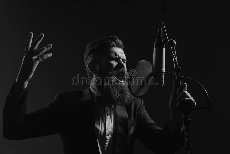 Singer Gestures with Hands. Man Singing with Music Microphone. Stock ...