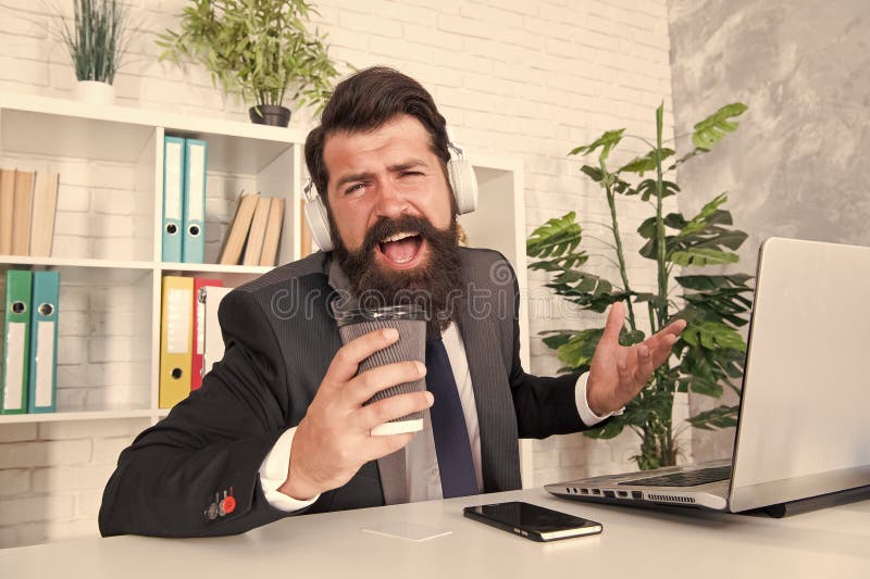 Singer or Manager. Office Manager Sing Karaoke Using Coffee Cup ...