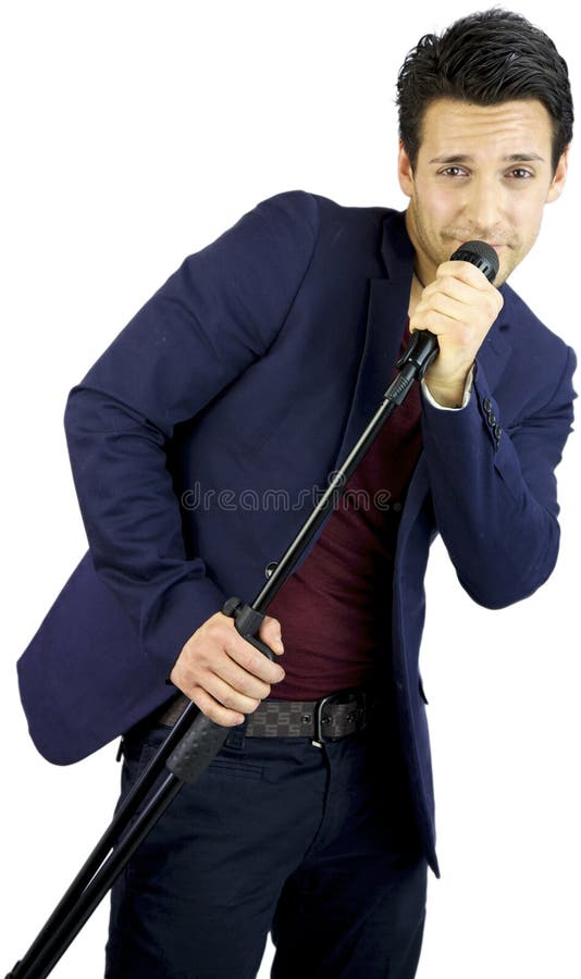Singer with Microphone Smiling Stock Image - Image of attitude, singing ...