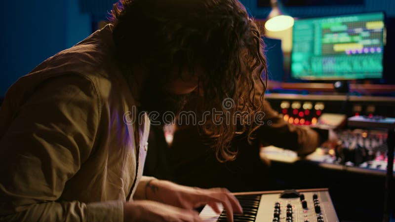 Singer Performer Creating a Song on Piano Midi Controller in Studio ...