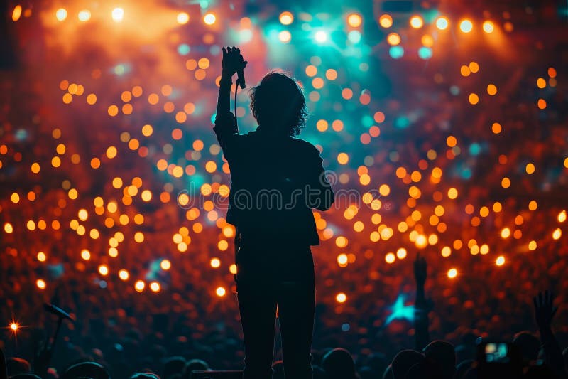 Singer Performs a Musical Concert on Stage in a Huge Packed Stadium ... Singer Performs a Musical Concert on Stage in a Huge Packed Stadium ...