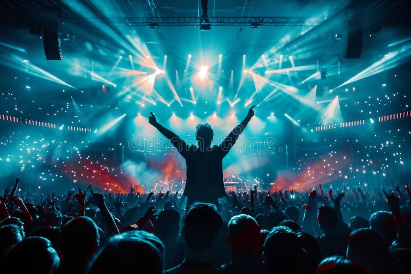 Singer Performs a Musical Concert on Stage in a Huge Packed Stadium ...