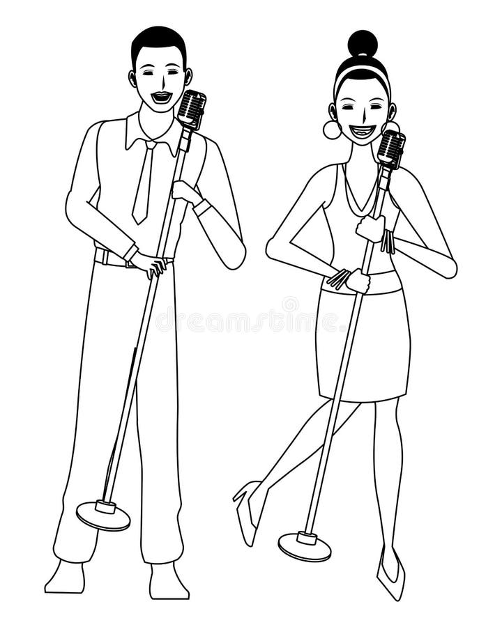 Singers with Microphone Black and White Stock Vector - Illustration of ...