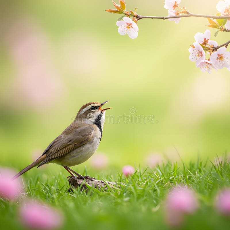 Singing Bird in Springtime Meadow Stock Illustration - Illustration of ...