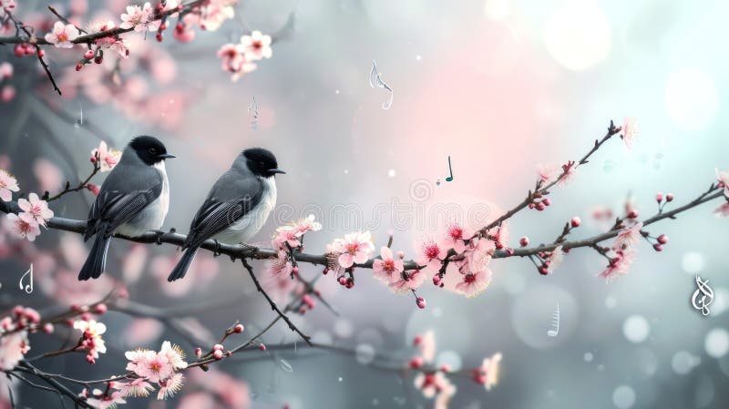 Singing Birds, Musical Notes, and Blossoming Branches Set a Harmonious ...