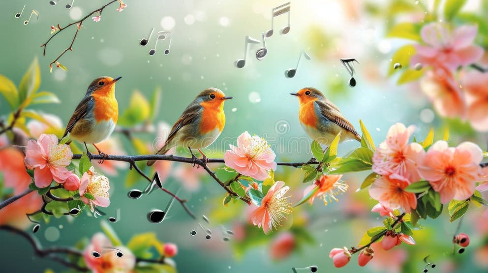 Singing Birds, Musical Notes, and Blossoming Branches Set a Harmonious ...