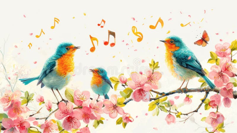 Singing Birds, Musical Notes, and Blossoming Branches Set a Harmonious ...