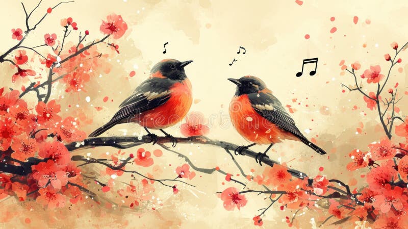 Singing Birds, Musical Notes, and Blossoming Branches Set a Harmonious ...