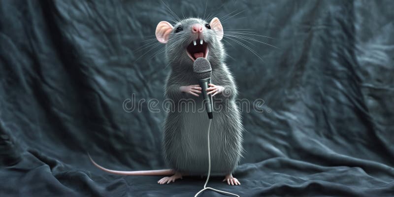 Singing Cartoon Mouse Holding Microphone on Dark Background Stock Photo ...