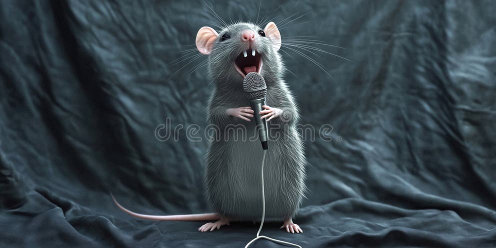 Singing Cartoon Mouse Holding Microphone on Dark Background Stock Photo ...