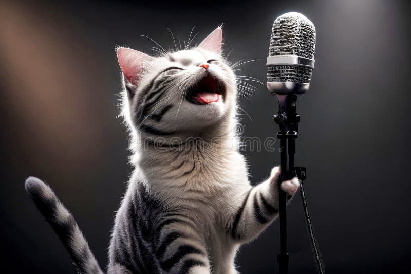 Singing Cat with a Microphone. Funny Cat Sings on a Dark Background ...