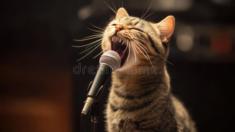 Singing Cat with Microphone Showing Playful Expression in Close-up ...