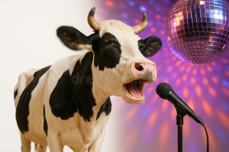 A Singing Cow Under a Disco Ball Near a Microphone on a White ...