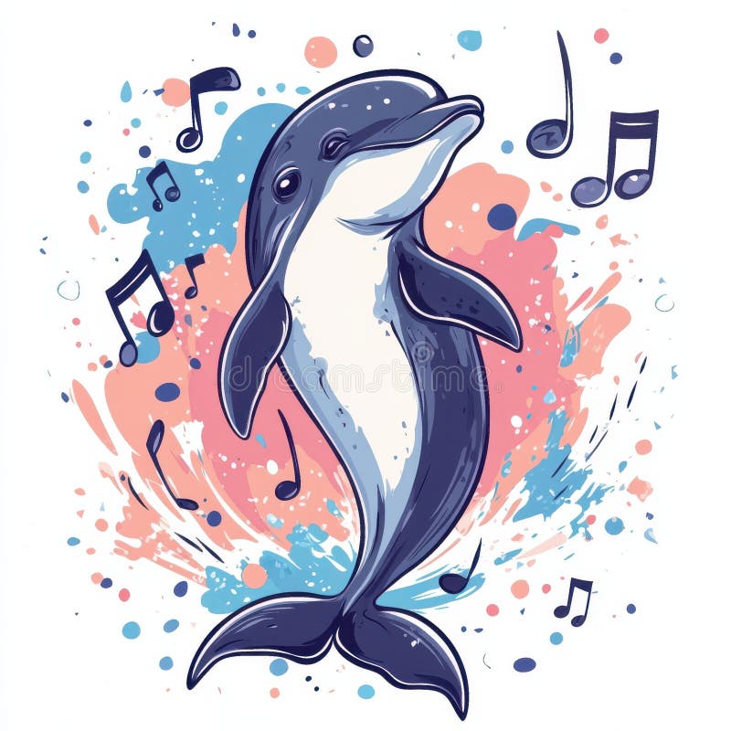 Singing Dolphin Watercolor Splash Music Notes Stock Illustration ...