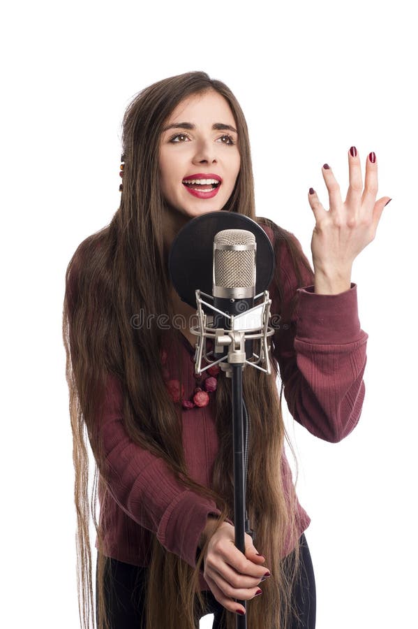 Pretty Singing Girl with Microphone on Stand Stock Image - Image of ...