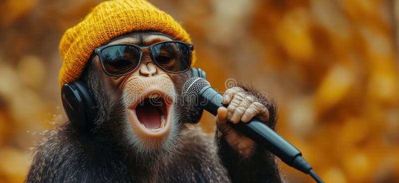 Singing Monkey in Stylish Hat and Sunglasses Performing with Microphone ...
