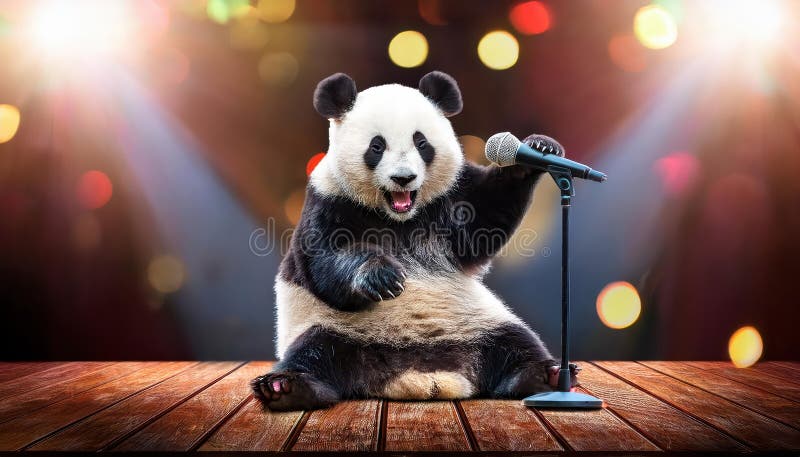 Singing Panda on Stage with Microphone, Charming Performance in a ...