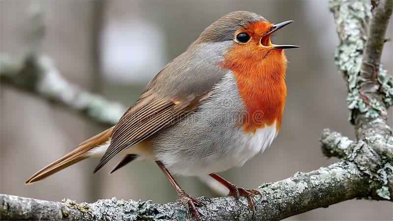 Singing Robin Bird on Tree Branch Closeup Stock Illustration ...
