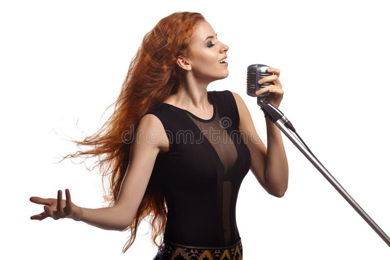Singing Woman with Retro Microphone. Stock Image - Image of music ...