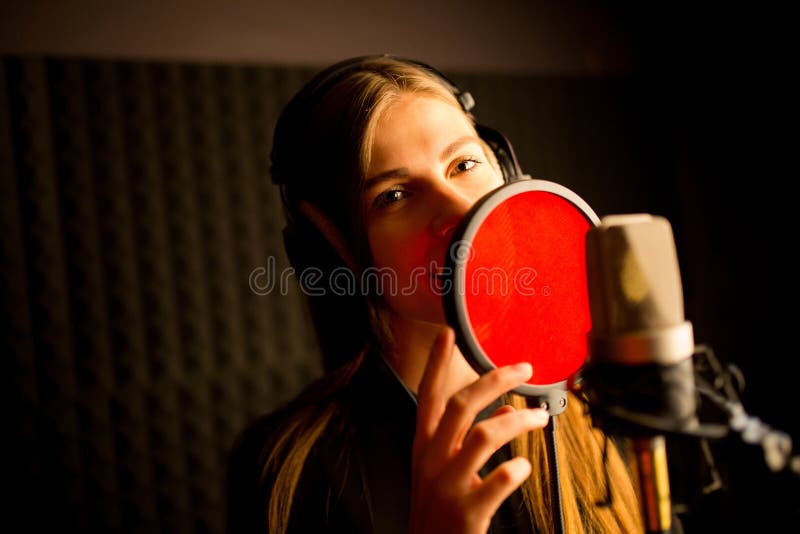 Singing Young Girl in Recording Studio. Stock Image - Image of musical ...