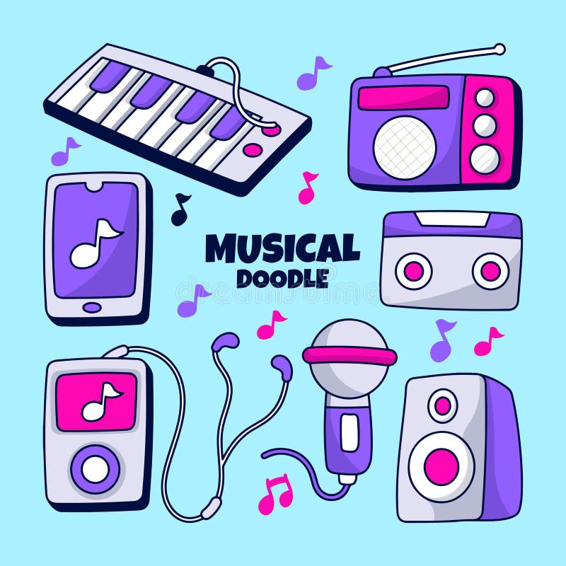 Musical Doodle Element Set with Hand Drawn Outline Style Stock Vector ...