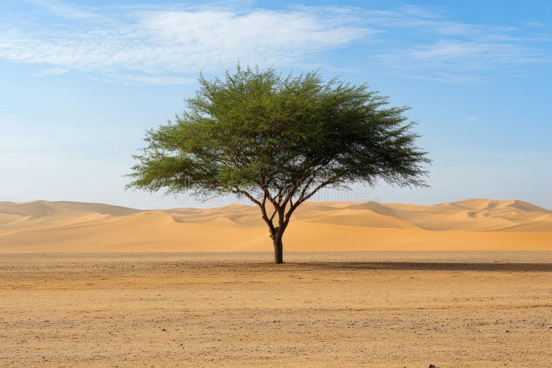 Single Acacia Tree with Spreading Canopy on Flat Desert Plain, Backed ...