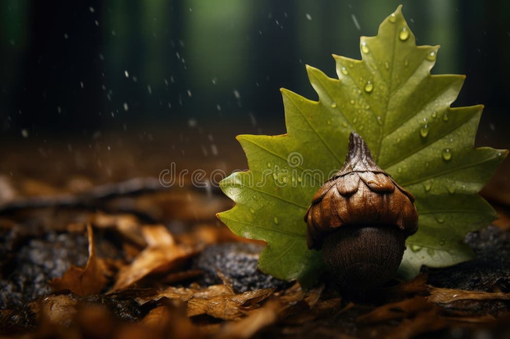A Single Acorn Sits on the Ground, Surrounded by a Fall Leaf Stock ...