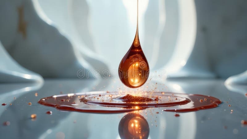 A Single Amber Droplet Falls Onto a Reflective Surface, Creating a ...