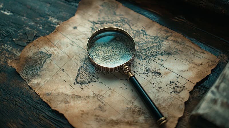 A Single Antique Magnifying Glass Styled on a Weathered Map. Background ...