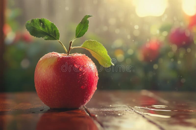 A Single Apple Sits on a Table with a Small Leaf Protruding from Its ...