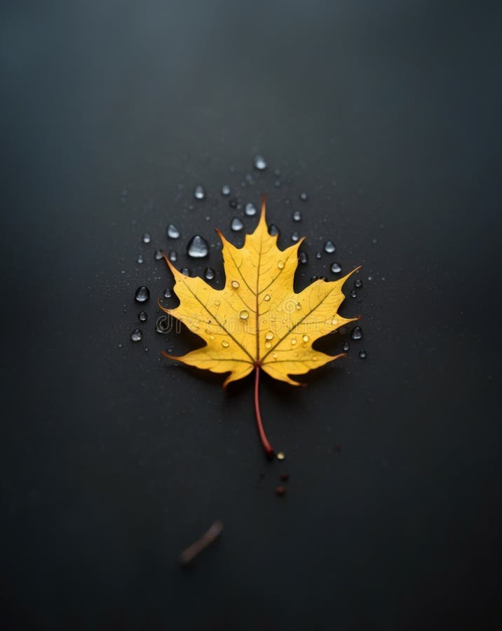 Single Autumn Leaf with Dew Drops on a Dark Background. Stock Photo ...