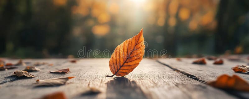 Single Autumn Leaf on Wooden Surface at Sunset, Nature Tranquility ...